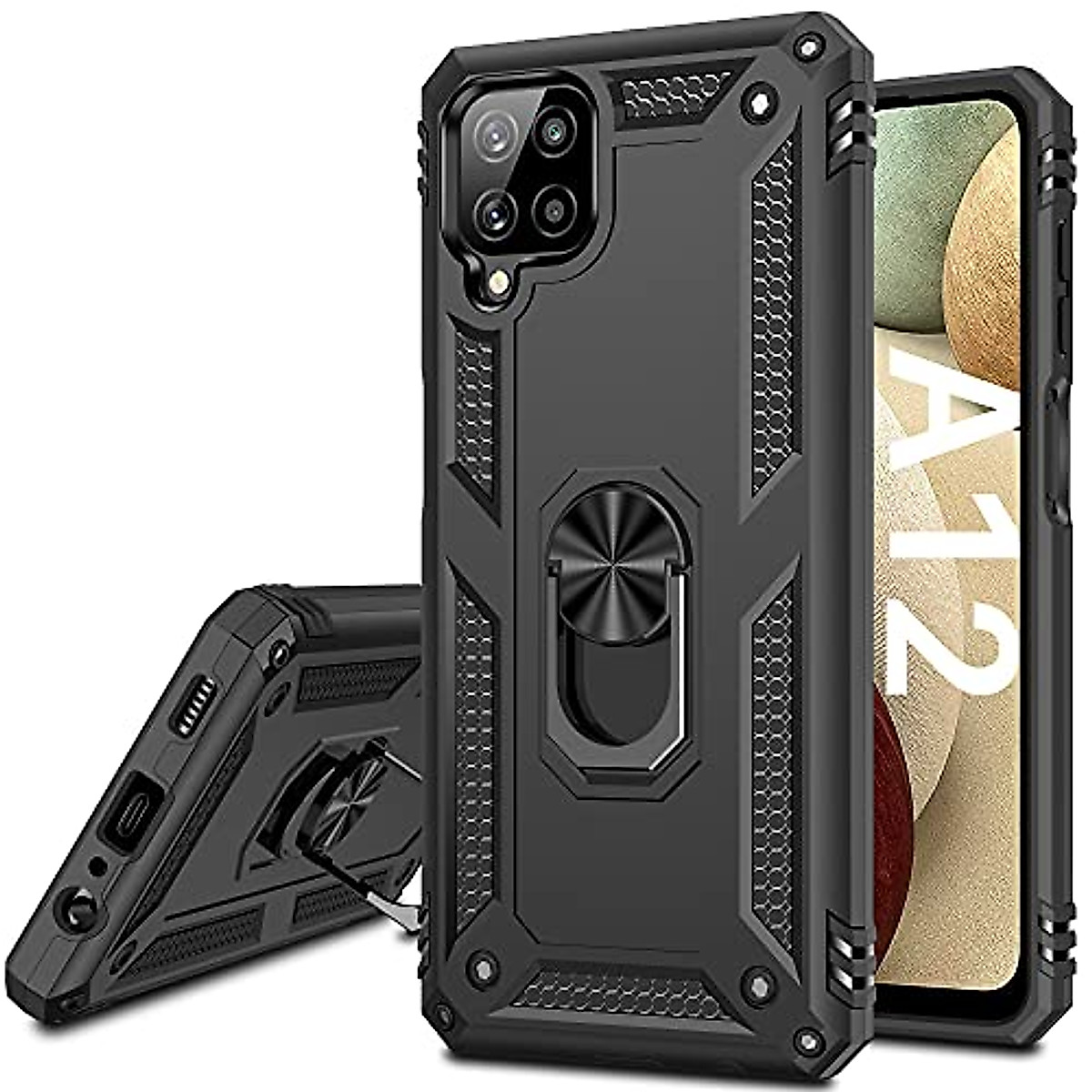 Vakoo Armor Series for Samsung Galaxy A12 Case, 6.5-Inch, with Ring Stand, Military Grade Shockproof Protection, Black