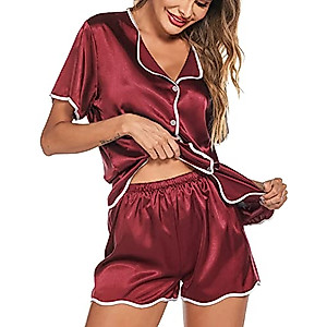 eshion Women's Short Sleeve Pjs Silk Pajama Top with Shorts Set Comfortable Summer Loungewear (Wine Red,XXL)