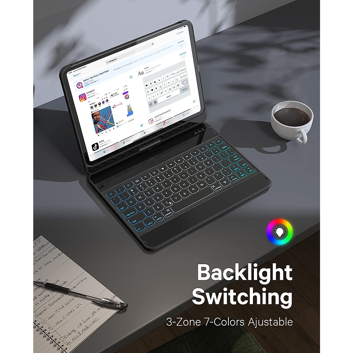 GreenLaw iPad Air 5th 4th Generation Case with Keyboard, DIY 7 Color Breathing Backlit, 360° Rotatable, Auto Sleep, Keyboard Case for iPad Pro 11 Inch(4th/ 3rd/ 2nd/ 1st Gen.), Black