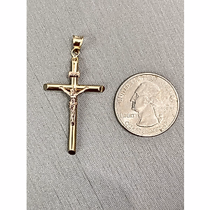 Solid 14K Yellow Rose Gold Crucifix Pendant - 38mm x 24mm Two Tone Jesus Cross Charm Religious Pendant - Suitable for Men & Women - Great Gift for Christmas & All Occasion