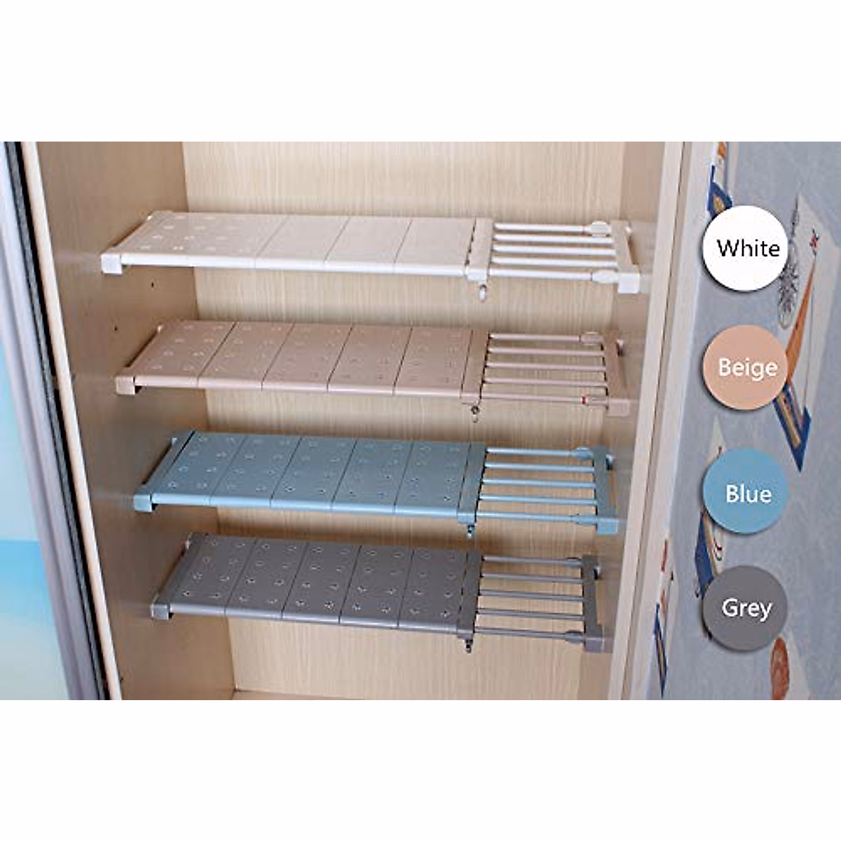Ifever Adjustable Closet Tension Rod Shelf Expandable Organizer Divider Separator for Cabinet Wardrobe Cupboard Kitchen Bathroom (Beige, 11-15 Inch)