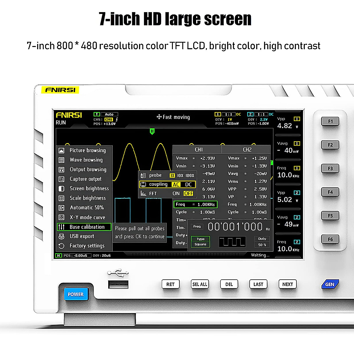 FNIRSI 1014D Oscilloscope 2 in 1 Digital Oscilloscope DDS Signal Generator, 100X High Voltage Probe, 2 Channels 100Mhz Bandwidth 1GSa/s Sampling Rate Built-in 1GB Storage Space