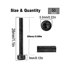jiuwu 50Pcs M3 x 25mm Socket Head Screw，Thread Pitch 0.5 mm Alloy Steel 12.9 GradeHex Socket Button Head Cap Screws Bolts Kit, Black Oxide Finish