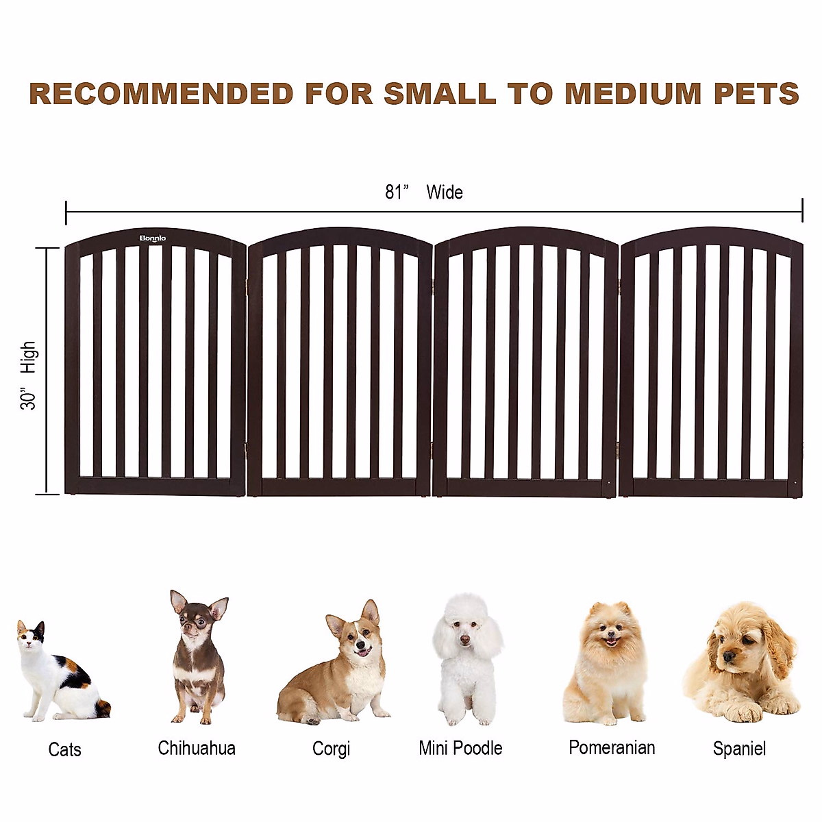 Bonnlo 30'' Tall Free Standing Pet Gate for Dogs, 81” Wide Dog Gates for The House, Doorways & Stairs, Dog Fence Indoor Puppy Gate with 4 Foot Supporters, 4 Panel Doggie Gate, Espresso