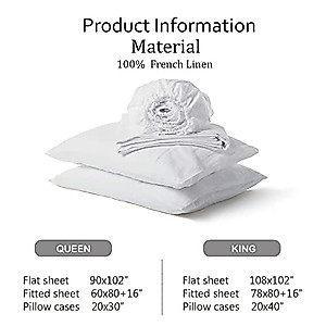 meadow park 100% Stone Washed Linen Sheets with Pillow Cases, King Size 4 Pcs Set, Deep Pocket, Soft and Breathable Fabric, Cool Night Sleep Comfort, White Color