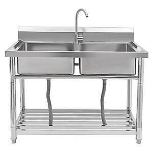 Stainless Steel Utility Sink, Free Standing Commercial Double Bowl Sink with Faucet, for Restaurant, Cafe, Workshop, Kitchen, Garage, Laundry Room, Outdoor