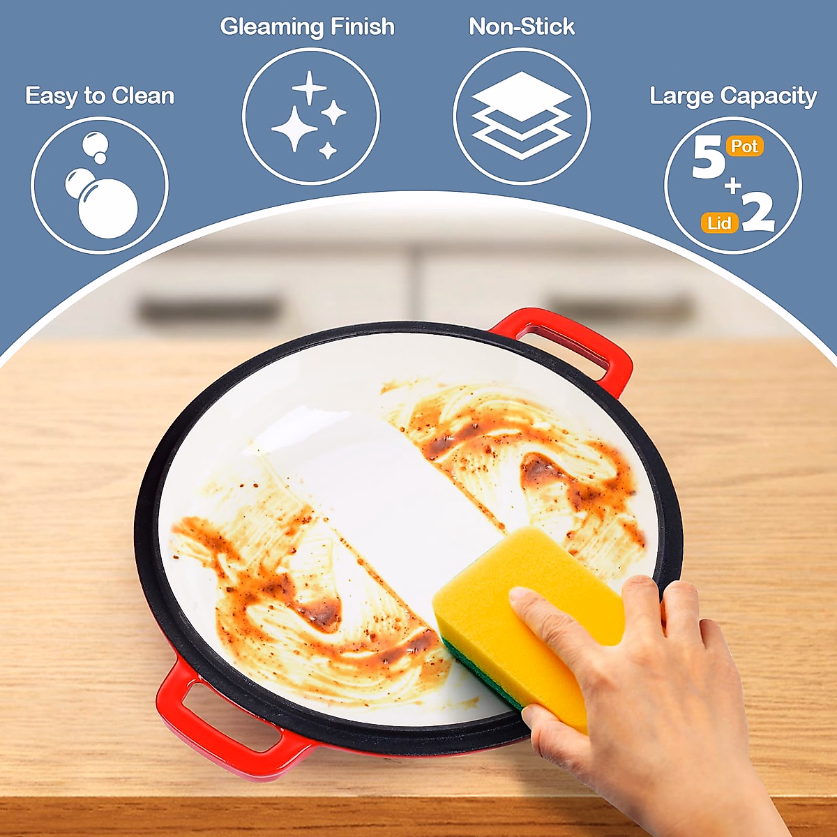 HaSteeL 2 in 1 Enameled Cast Iron Dutch Oven, 5 QT Pot & 2 Quart Skillet Lid Pan, Non-Stick Cookware Multi Cooker for Bread Baking Cooking Stewing, Suit for All Cooktops, Dual Handles & Oven Safe, Red