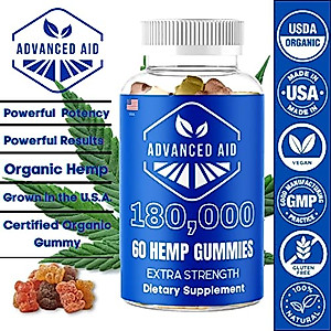 Advanced Aid: Certified Organic Natural Premium Formula Hemp Gummies 180,000mg - Big Gummies with Pure Hemp Oil - Made in The USA (60 Gummies) Read Description