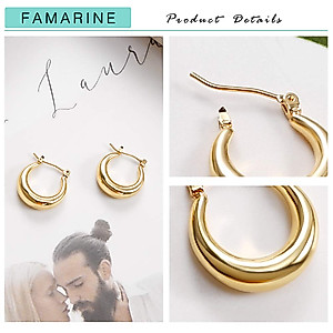 FAMARINE Chunky Hoop Earrings, Dainty Minimalist Open Hoops Earrings For Women, 14K Gold Plated