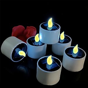 Christmas Decor 6 Pieces Romantic LED Flameless Candles Lights/Lamps, Solar Power LED Tea Light Candles Nightlight for Home Decor (Yellow Flickering)