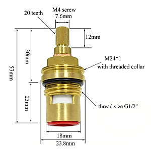 HGB VERIMP Pair of Replacement Brass Ceramic Disc Stem Cartridge, Faucet Valve, Quarter Turn, 1/2" X 53mm x 12mm Spline Length, 20 Teeth