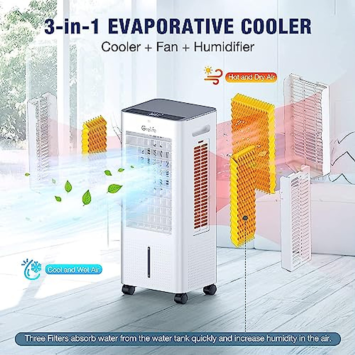 Grelife Evaporative Air Cooler, 3-IN-1 Portable Air Cooler with Fan &Humidifier, Oscillation Swamp Cooler with 3 Wind Speeds, 3 Modes, 4 Ice Packs, 12H Timer, Remote, for Bedroom Office Home Garage
