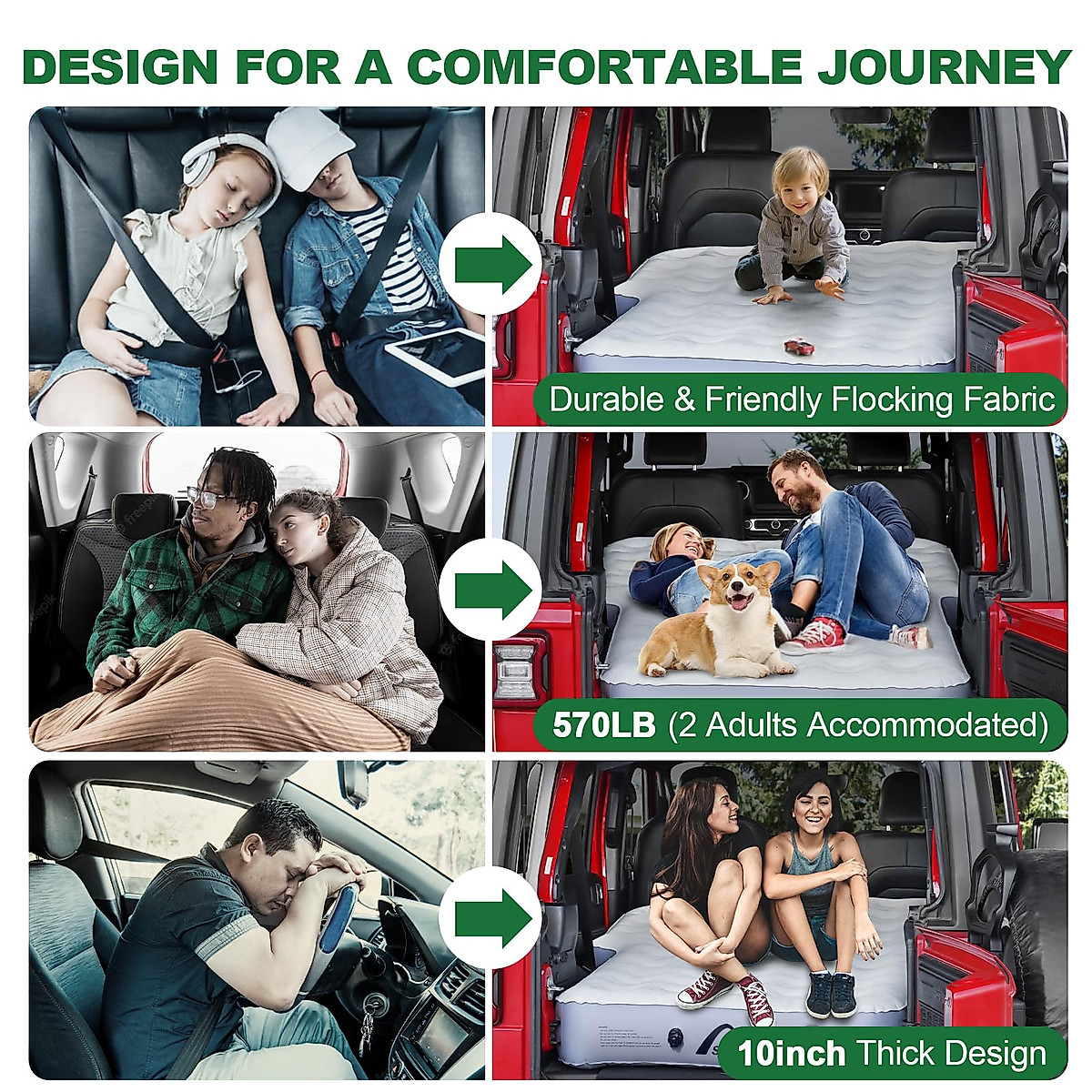 Sokeface SUV Air Mattress Camping Bed with Wireless Air Pump(2024 Newest Upgraded), 10inch Air Mattress for Jeep Wrangler JK JKU JL JLU Unlimited 4 Door Ford Bronco Subaru Forester and Fits Most SUVs