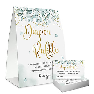 WideIdeal 51Pcs Diaper Raffle Game Sign and Cards, Baby Shower Eucalyptus Diaper Raffle Ticket Party Decorations Game Kit (1 Sign + 50 Cards) WI02