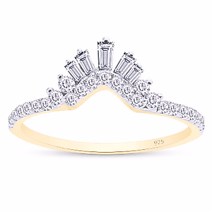 3/8 Carat Baguette & Round Cut White Natural Diamond Contour Crown Enhancer Guard Band Ring Jewelry for Women in 14K Yellow Gold Over Sterling Silver (0.37 Cttw, Color- I-J, Clarity- I2-I3)-6.5