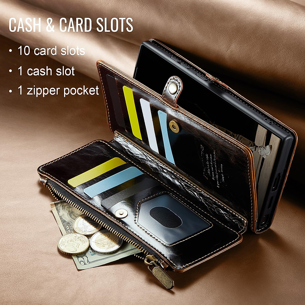 Defencase Compatible with Galaxy A54 5G Case Wallet with RFID Blocking Card Holder for Women Men, PU Leather Magnetic Snap Flip Zipper Strap Wallet Phone Case Fit for Samsung Galaxy A54 5G, Coffee