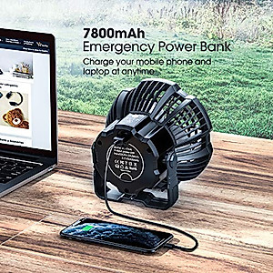 Camping Fan with LED Lantern, 7800mAh Rechargeable Portable Tent Fan with Remote Control, Power Bank, 180°Head Rotation, Perfect Quiet Battery Operated USB Fan for Picnic, Barbecue, Fishing (Black)