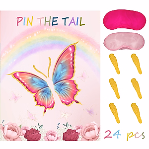 Epotys Butterfly Birthday Party Supplies,Pink Birthday Decorations,Pin The Tail on The Butterfly Game,Butterfly Birthday Party Decorations Favors