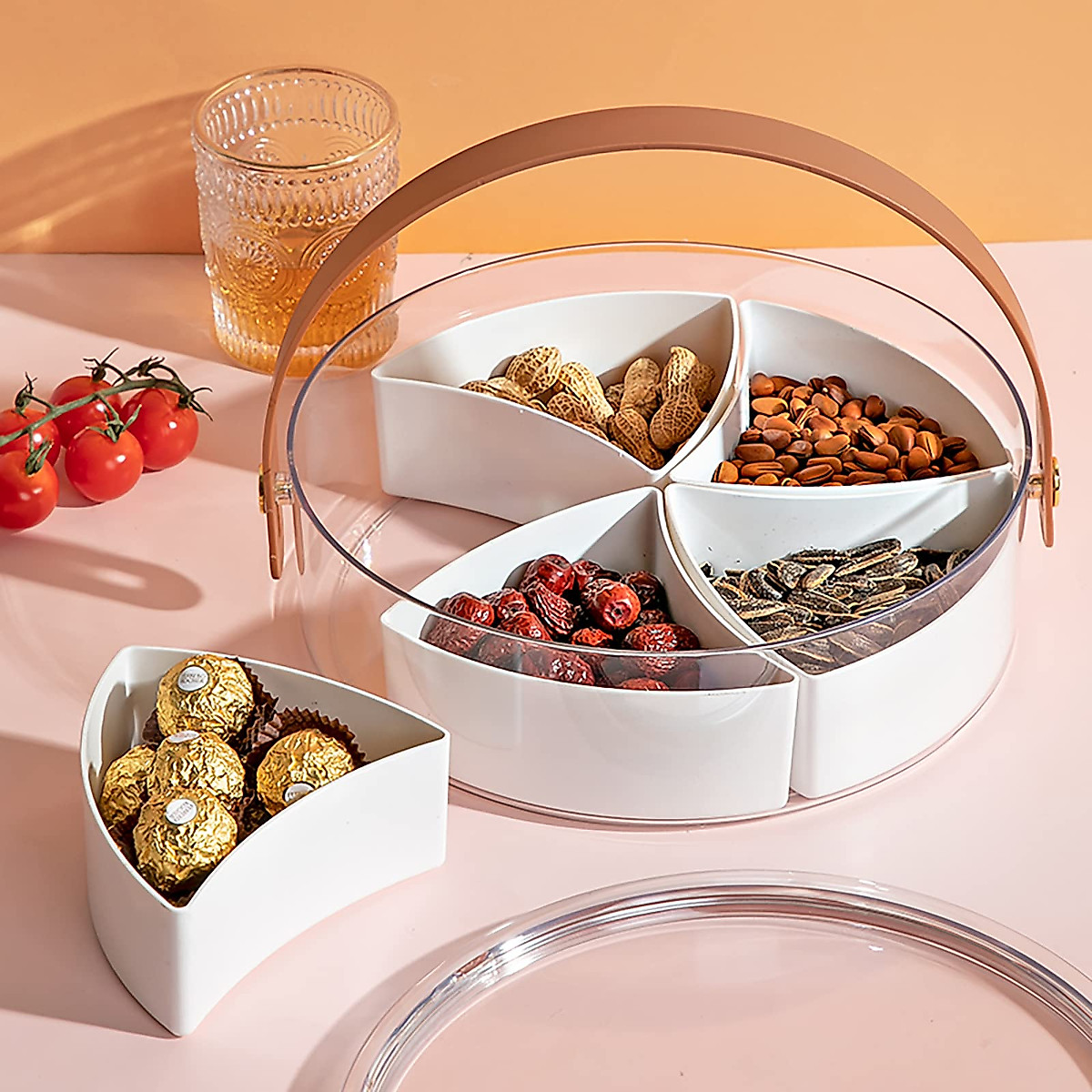 Clear Divided Serving Tray with Lid & Handle, Portable Round Plastic Veggie Tray, Platter Food Storage Container Box for Candy, Appetizer, Snack, Dried Fruit, Nuts, Vegetable, Party