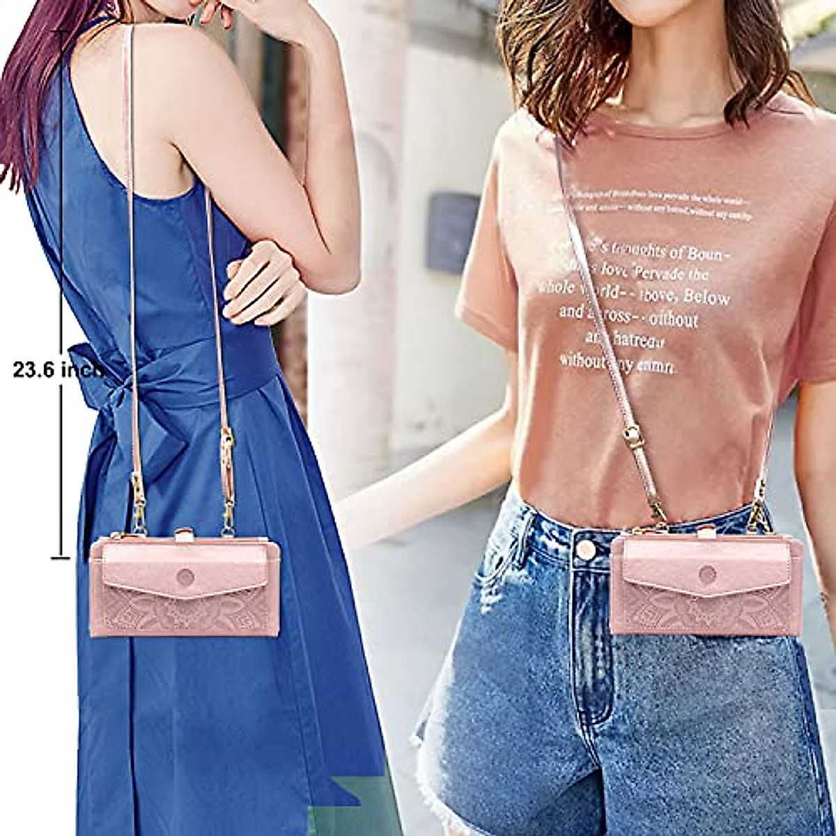 Harryshell Compatible with iPhone 14 / iPhone 13 6.1 inch 2022, [Block Theft Card Scanning], Detachable Magnetic Case Wallet Cash Zipper Pocket Crossbody Lanyard Strap (Floral Rose Gold)