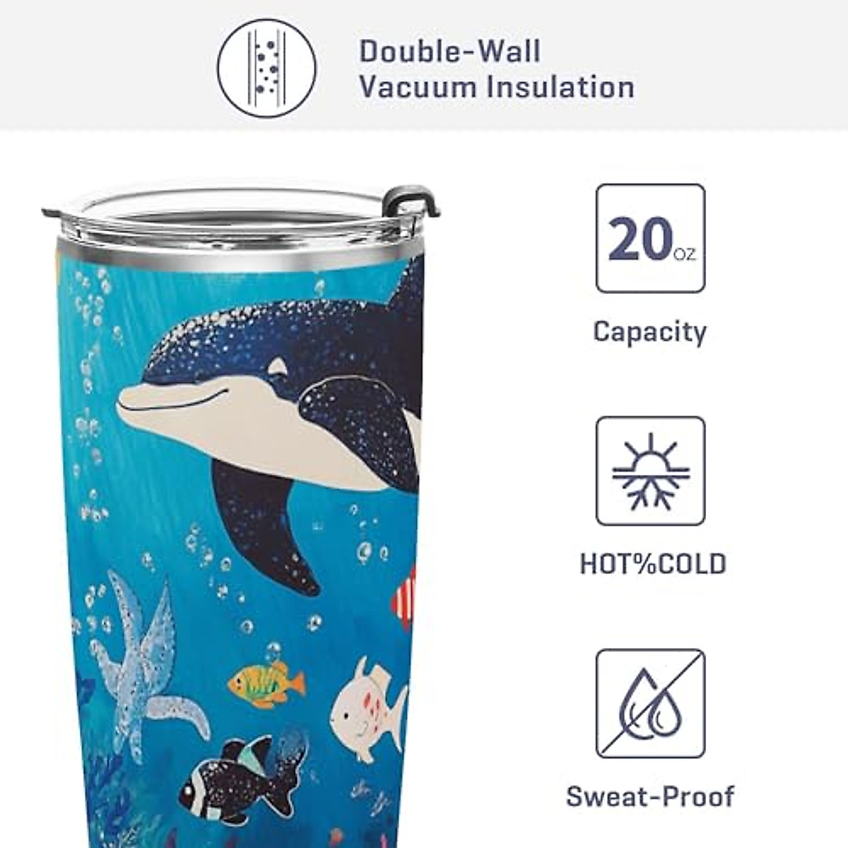 sanluoli Some Dolphin Sea Animals Blue Stainless Steel insulated water bottle with Straw Lid coffee travel mug 20oz for Home, Office or Car Aesthetic Vacuum Insulated Tumbler 20 OZ