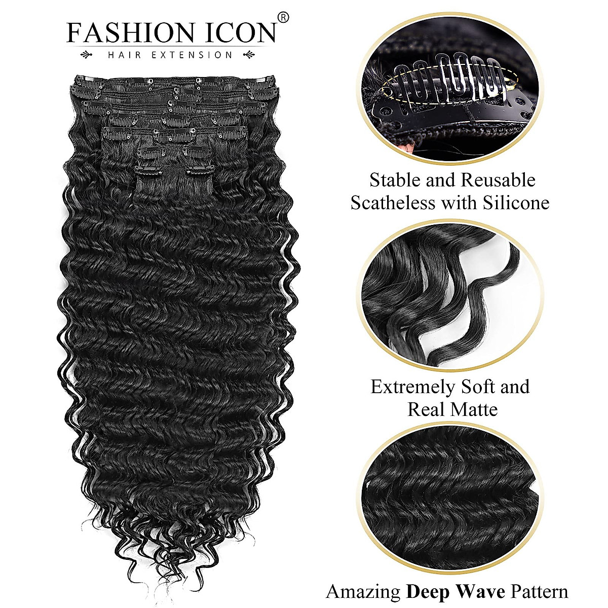 Clip in Hair Extensions Synthetic hair Clip in 140G 7Pcs/Lot Japanese Heat Resistant Fiber Hairpieces Deep Wave/ Body Wave/Straight hair (Deep Wave, Natural Black 1B#)(24 Inch (Pack of 7))