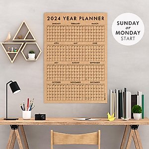 KRAFT Paper 2024 Year Planner, Minimal 2024 Wall Calendar, MONDAY or SUNDAY Start, Monthly Planner, RECYCLED Paper (50 x 70 cm (19.7 x 27.5 inches) size, Sunday Start Calendar)