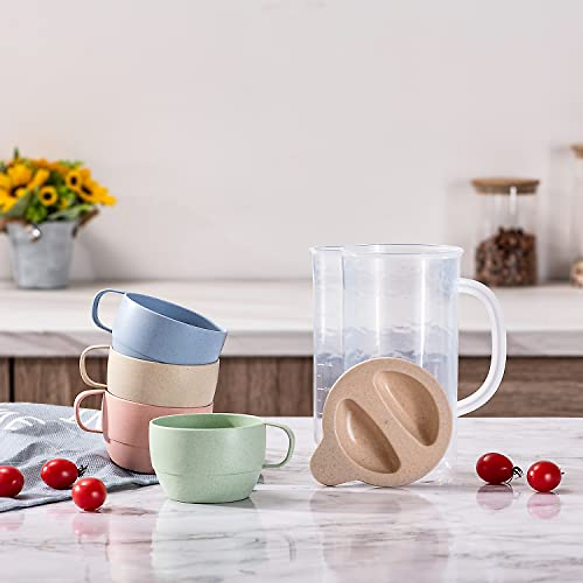 5 Pack Wheat Straw Unbreakable Tableware Kettle Cups Set, with 4 Multicolor Cups for Kids Children Toddler Adult, Dishwasher Coffee Mug for Water, Tea, Milks, Juice