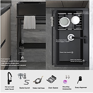 Vardeau Freestanding Stainless Steel Black Utility Sinks,Commercial Kitchen Washing Sink 1Compartment with Faucet,Heavy Duty Hand Washing Basin, 90x45x86cm