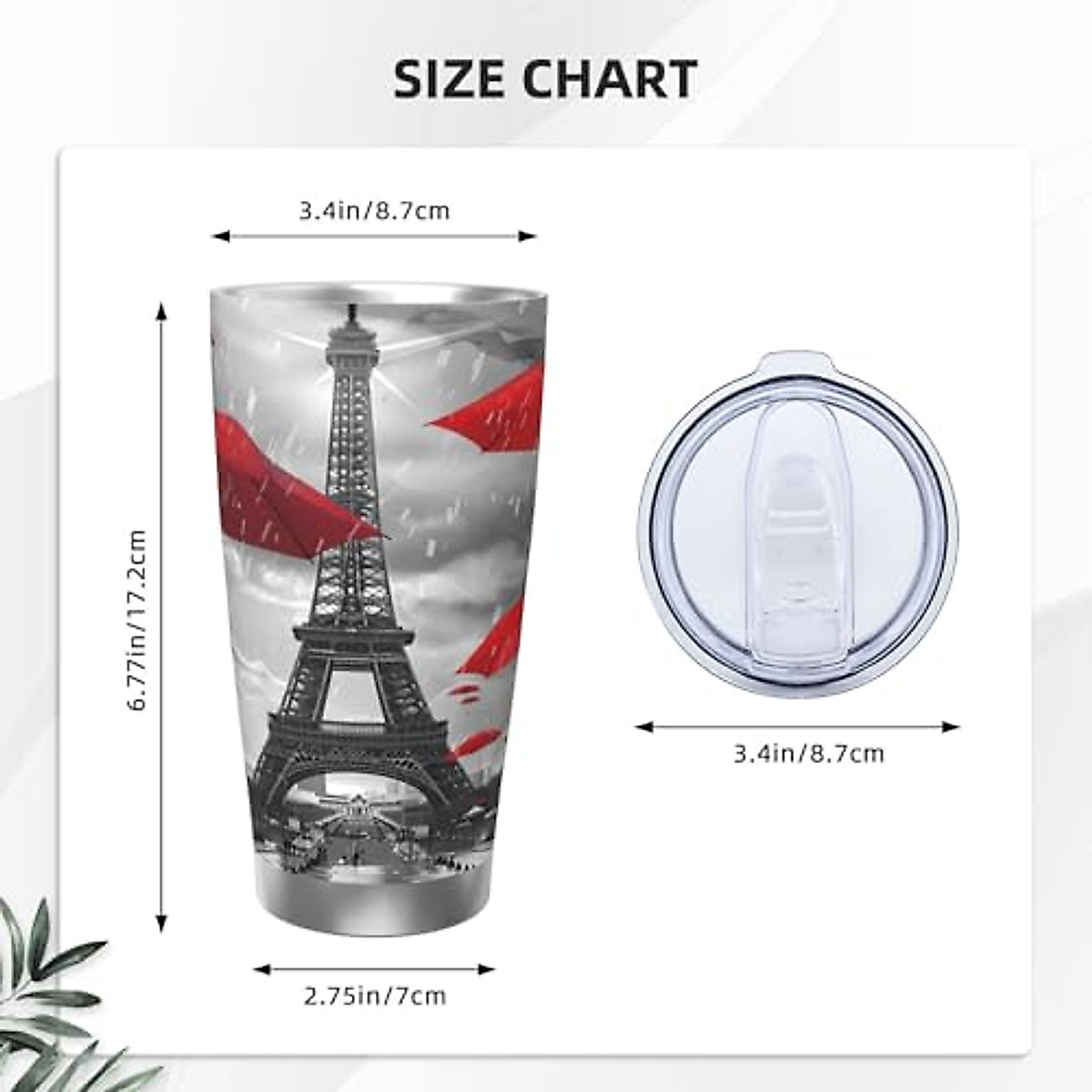 AYCZN Paris Umbrella 20 OZ Tumbler Stainless Steel Travel Coffee Mug, Eiffel Tower Insulated Water Bottle with Lid and Straws Leakproof Thermal Cup