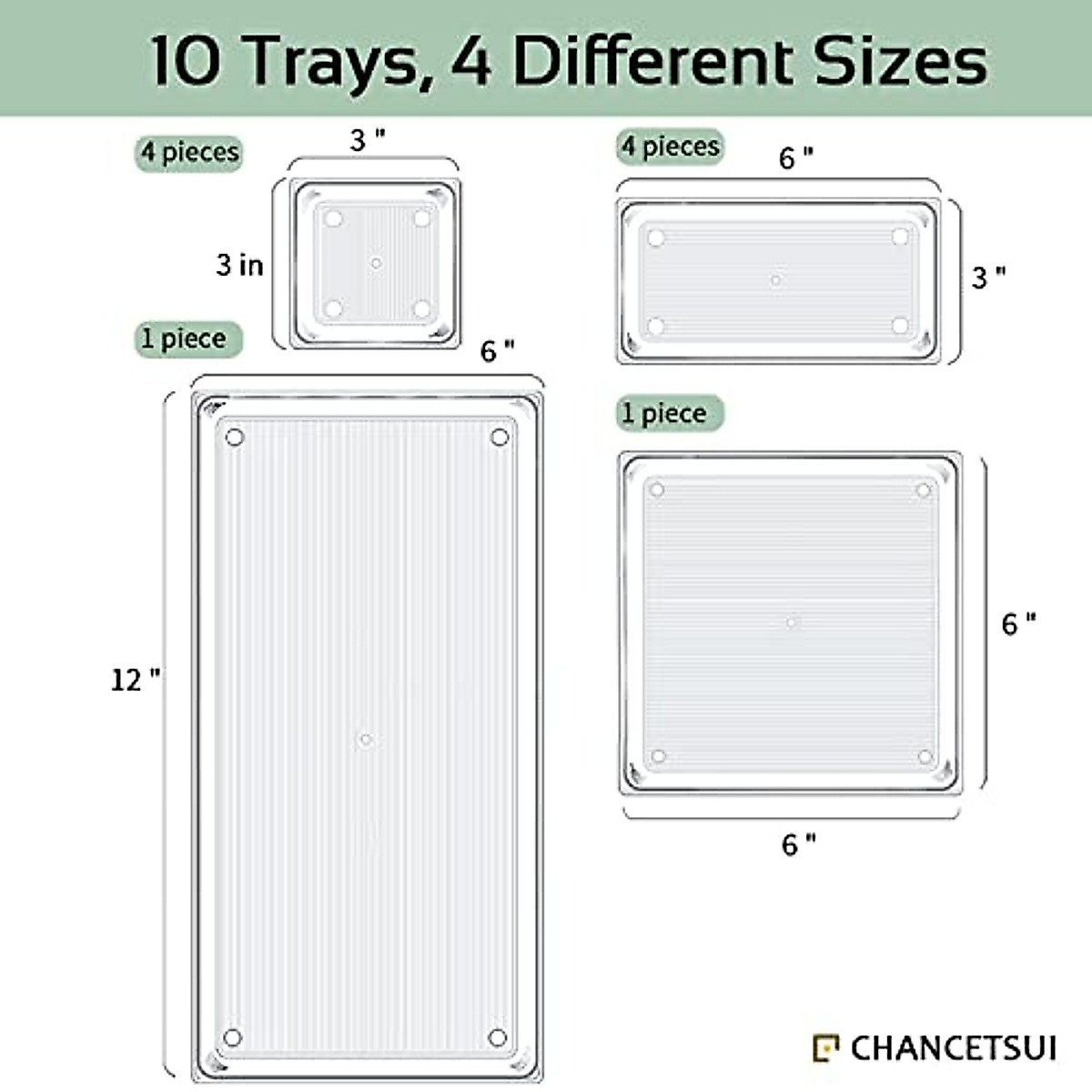 CHANCETSUI 10 pcs Desk Drawer Organizer Non-Slip Organiser Trays, 4-Size Clear Plastic Drawer Storage Boxes, Drawer Organizer Dividers for Makeup, Kitchen, Bedroom, Bathroom, Office