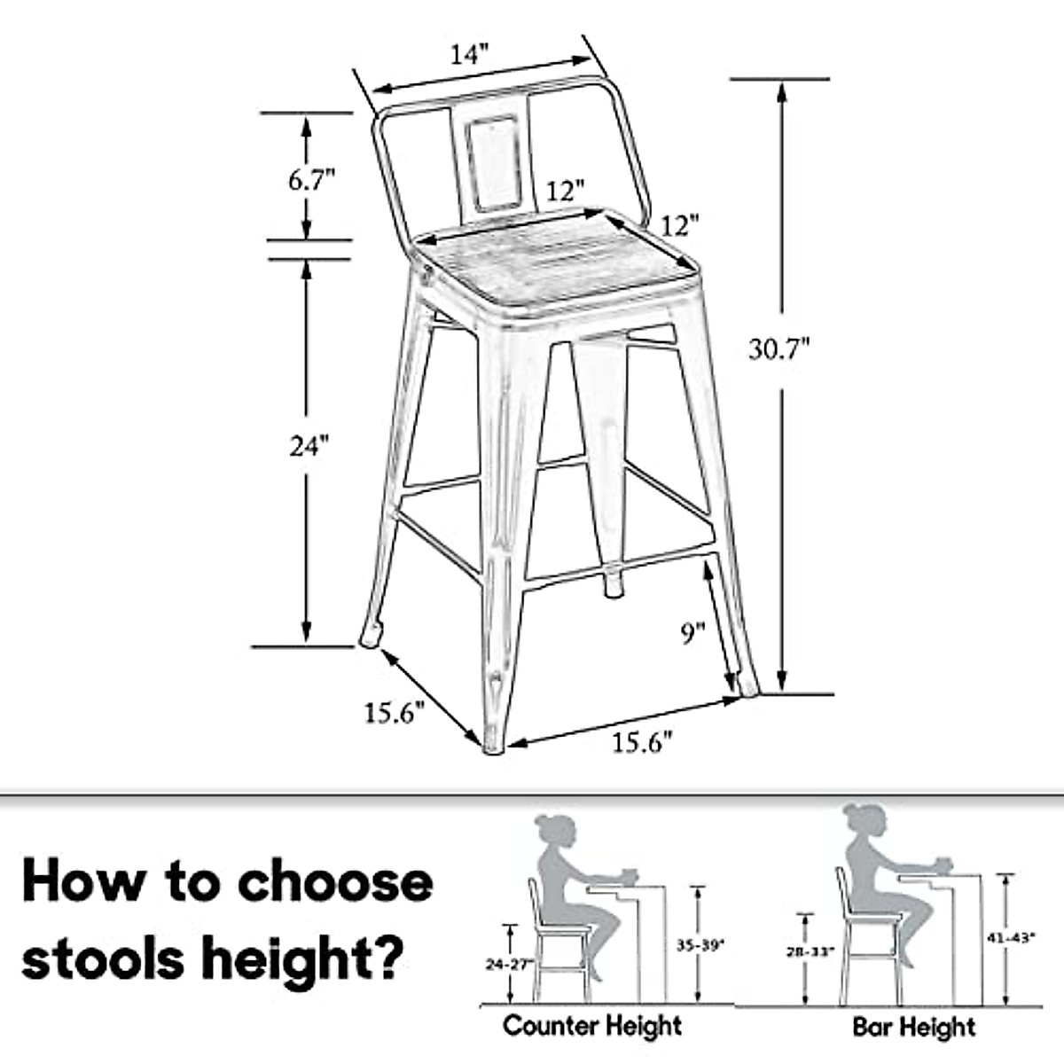 24" Low Back Metal Counter Stool Height Bar Stools with Wooden Seat [Set of 4] for Home Kitchen Barstools