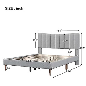 Queen Size Upholstered Platform Bed Frame with Vertical Channel Tufted Headboard, Modern Upholstered Platform Bed with Wood Slat Support, Heavy Duty Queen Bed Frames, No Box Spring Needed (Gray)