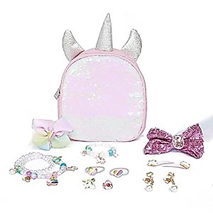 B&Y 12 PCS Unicorn Backpack girls Gifts Jewelry/Necklace/Bracelet/Earring/Hair Clips Toys 3 4 5 Year Old Girl Birthday Gift(Pink)
