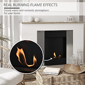 HOMCOM Ethanol Fireplace, 28.25" Wall-Mount 0.2 Gal Stainless Steel 215 Sq. Ft., Burns up to 1 Hour, Silver/Black