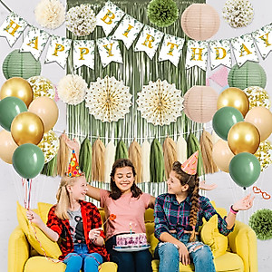 Sage Green Birthday Party Decorations with Happy Birthday Banner Olive Green Gold Balloons Fringe Curtain for Girls Women Baby Shower Birthday Decor