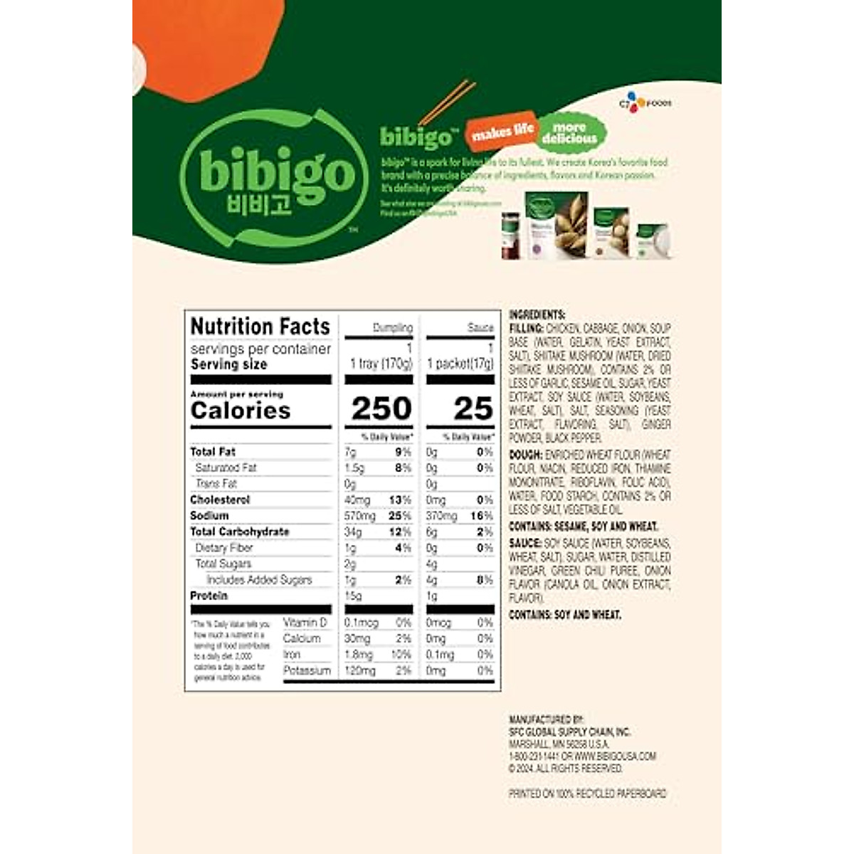 Bibigo Chicken and Vegetable Steamed Dumplings, 6 Oz
