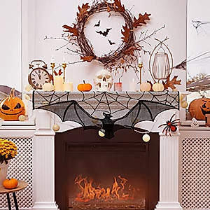 ANPHSIN Halloween Black Lace Spiderweb- 2 Pcs Bat Curtain Window Valance Cobweb Tablecloth Shower Curtains Fireplace Mantles Scarf Cover for Home Door Kitchen Bathroom Festive Party Decorations