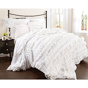 Lush Decor Belle 3 Piece Ruffled Vintage Chic White Comforter Set with Bed Skirt and Pillow Sham, Twin XL
