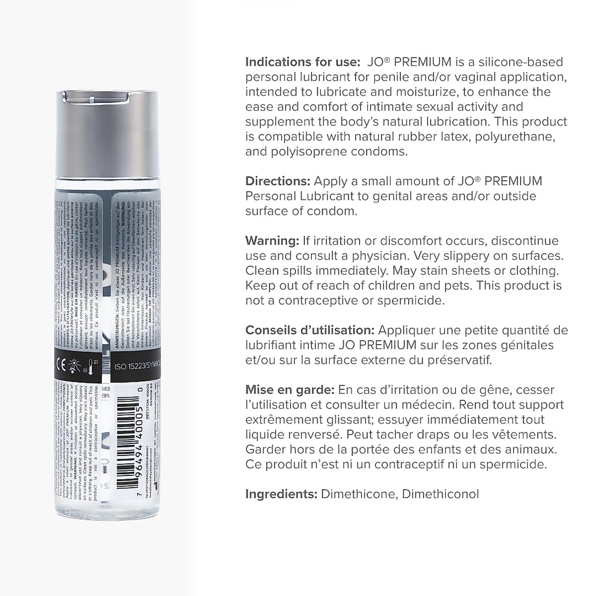 JO Premium Original Silicone Based Lubricant, Long Lasting Silky Smooth Lube for Men, Women and Couples, 4 Fl Oz