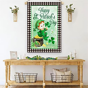 Surfapans Happy St Patricks Day House Flag 28x40 Inch Double Sided Outside Burlap Buffalo Check Plaid Green Shamrock Clover Large Yard Flag