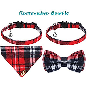 Cat Collar Breakaway with Bow Tie and Bell,2 Pcs Classic Design Adjustable from 7.5-10.8Inch Safety Cat Collar Bells Set,Comfortable Kitten Collar with Removable Bowtie For Cat Kitten(Red bow+bandana)