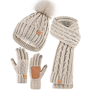 Women's 3-in-1 Fleece Winter Hat, Scarf & Touchscreen Glove Set with Pom Pom - Oatmeal