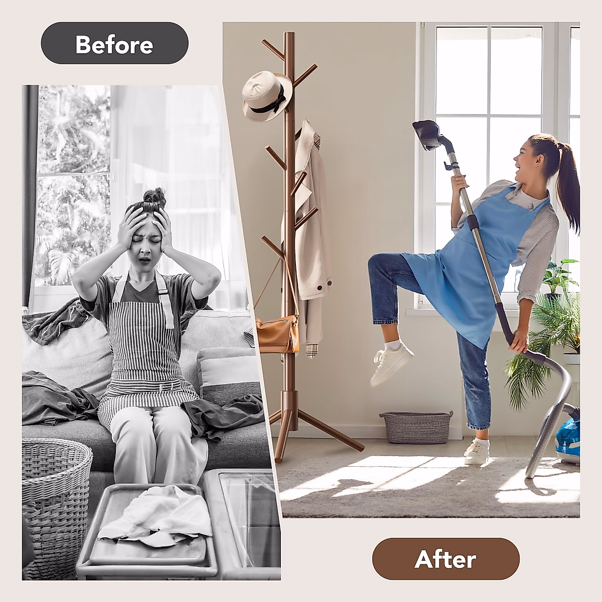 Hupmad Wooden Tree Coat Rack Stand,Sturdy Freestanding Coat Rack with 8 Hooks,3 Adjustable Height for Child Adult,Wood Coat Stand Tree Fits Entryway Bedroom Office for Bags,Hats