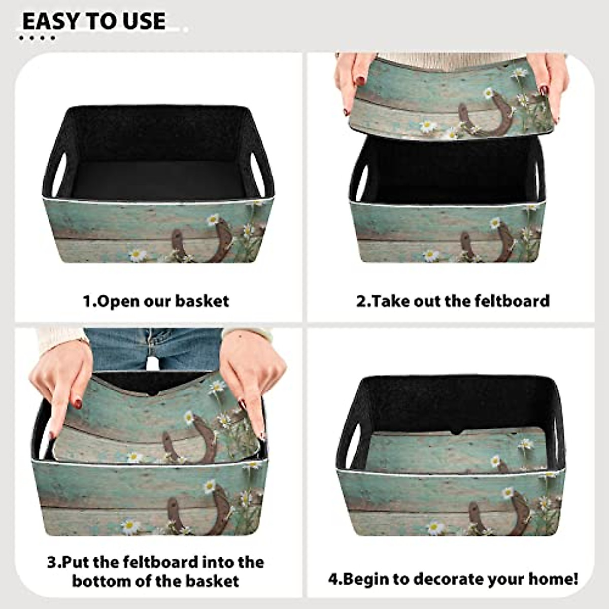 Kcldeci Rustic Rusty Horseshoe and Daisies on Old Wooden Storage Bins Baskets for Organizing, Sturdy Storage Basket Foldable Storage Baskets for Shelves Closet Nursery Toy