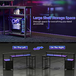 TIQLAB Computer Desk L Shaped with Drawers, 65” Gaming Desk with Power Outlets and LED Strips, Large L Shaped Corner Desk with Monitor Stand, Home Office Desk for Corner Space, Carbon Black