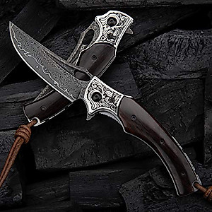 SPIRIT DEED 3.5in handmade japanese vg10 damascus steel blade folding pocket knife for men and women,leather sheath,ebony wood handle,liner lock,edc outdoor knives for camping