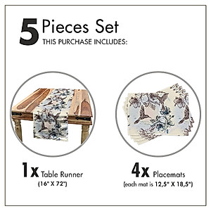 Ambesonne Hummingbird Table Runner & Placemats, Birds and Hibiscus Flowers Nostalgia Antique Design Classical Print, Set for Dining Table Decor, Placemat 4 pcs + Runner 16"x72", Teal Brown