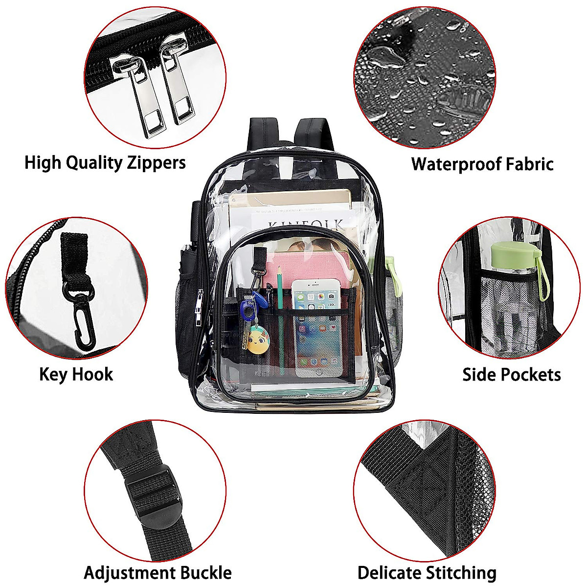 FEWOFJ Heavy Duty Clear Backpack, Large PVC Plastic See Through School Bookbag Transparent Casual Daypacks for Men Women