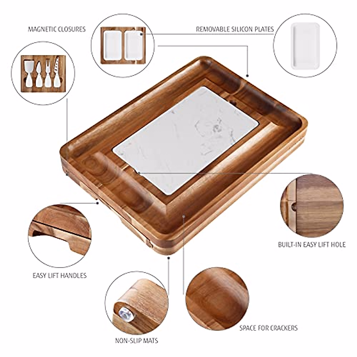 hecef Cheese Board Set Acacia Wood - Large Charcuterie Board with Stainless Steel Knife Set, Thick Wooden Server - Fancy House Warming Gift, Birthday Present & Perfect Choice for Gourmets